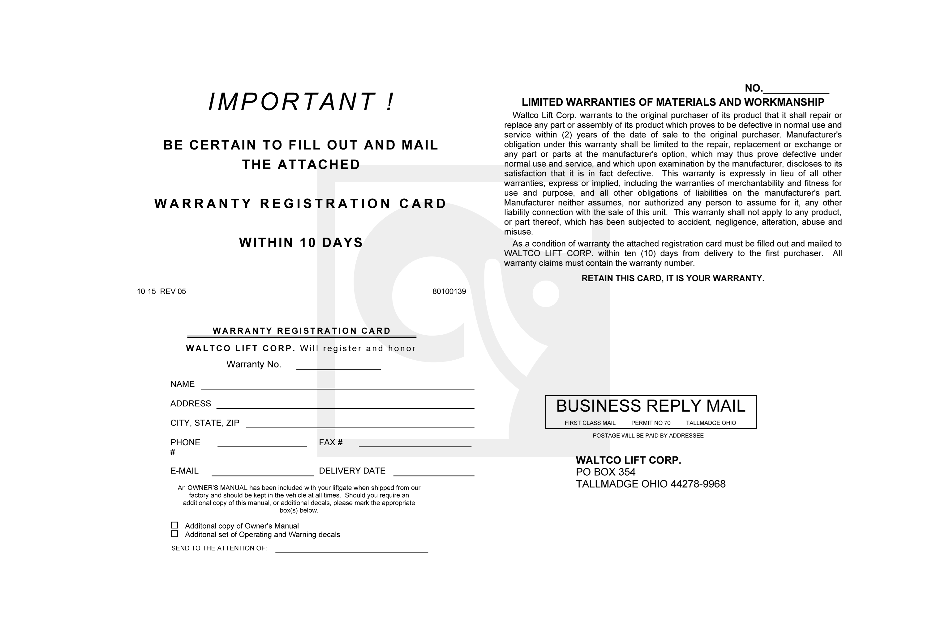 WARRANTY CARD WAL80100139 - Documentation | Hiab Parts & Accessories Online